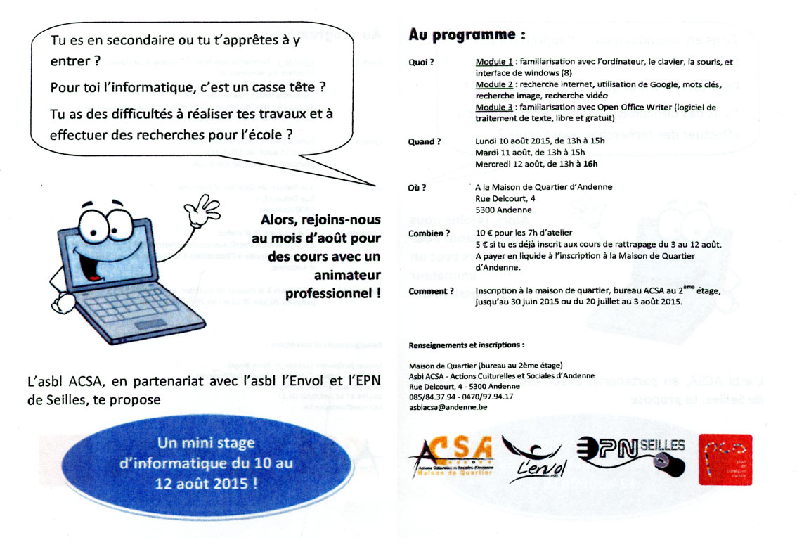 Un mini stage d’informatique du 10 au 12 août 2015 ! | EPN DE SEILLES